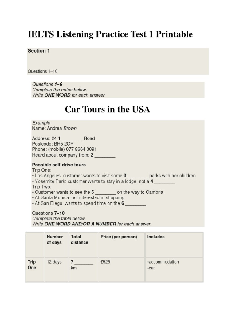 IELTS Listening Practice Test 1 Printable: Section 1 | PDF