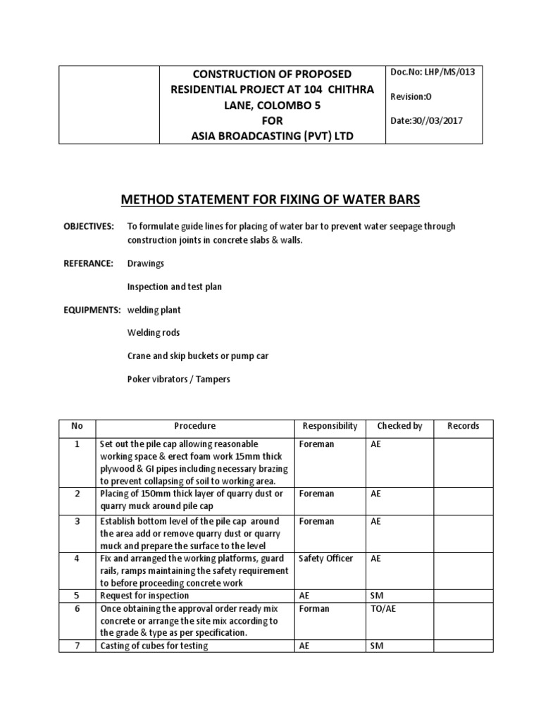 Water Bar Installation Method Statement | PDF | Deep Foundation | Concrete
