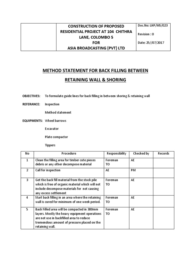 Method Statement For Back Filling Between Retaining Wall & Shoring ...