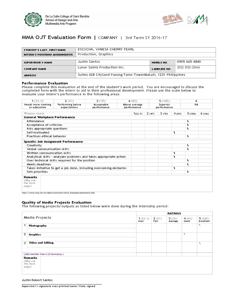 MMA OJT Evaluation Form | PDF | Evaluation | Behavioural Sciences