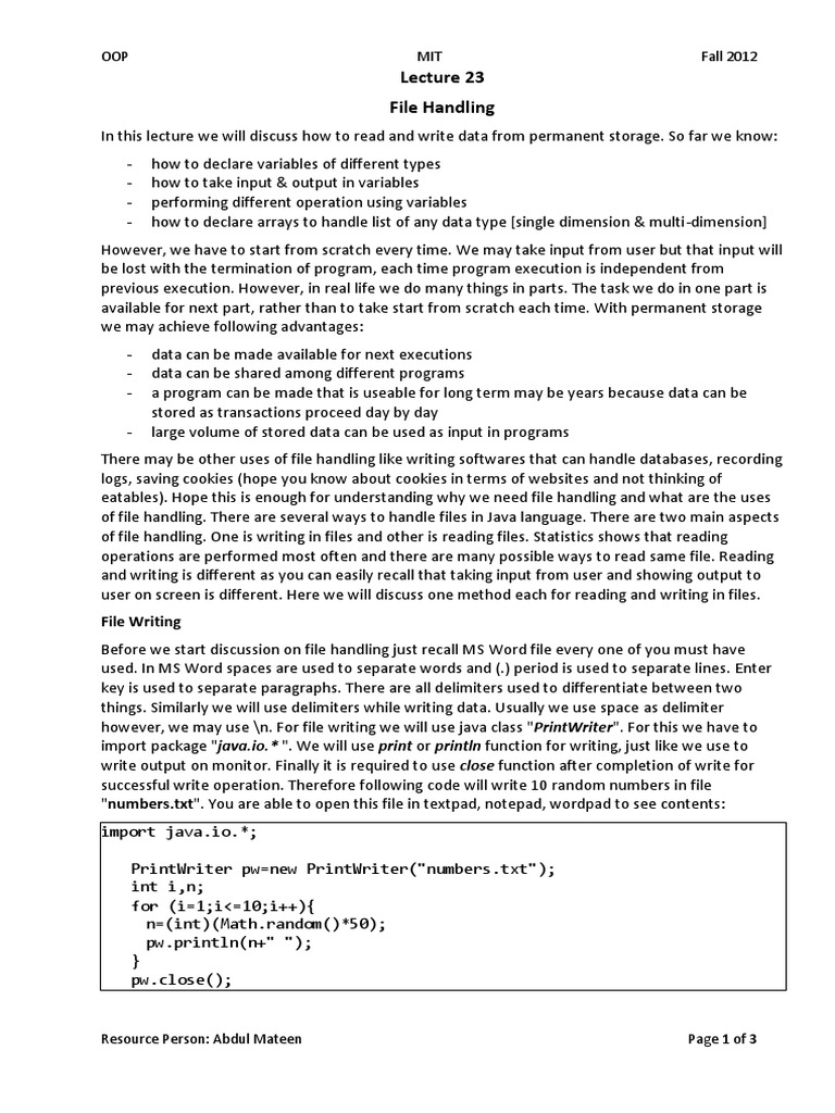 File Handling: OOP MIT Fall 2012 | PDF | Text File | Computer File