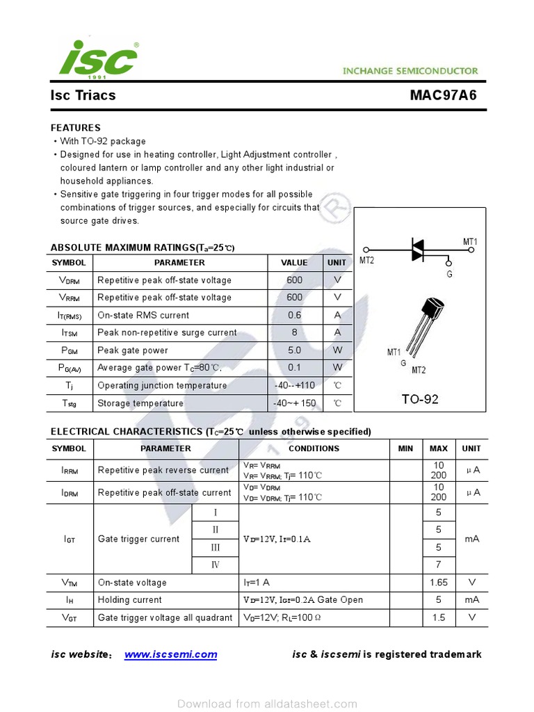 Isc Triacs MAC97A6: Features | PDF | Electromagnetism | Components