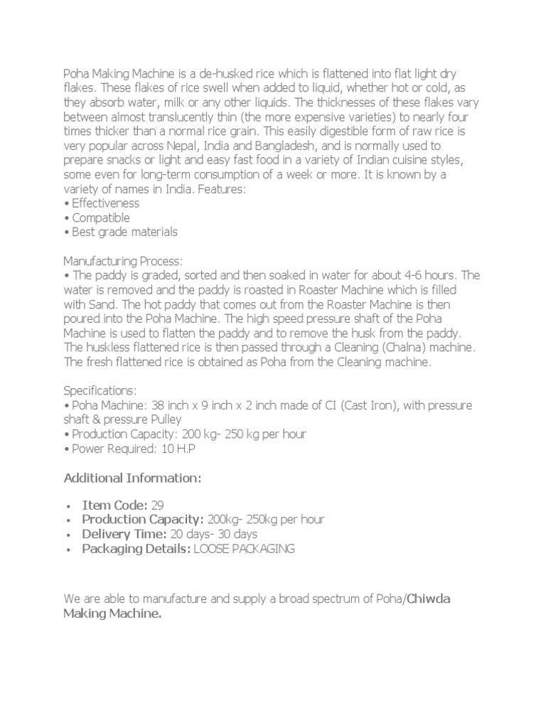 Poha Making Machine Is A de | PDF | Rice | Foods