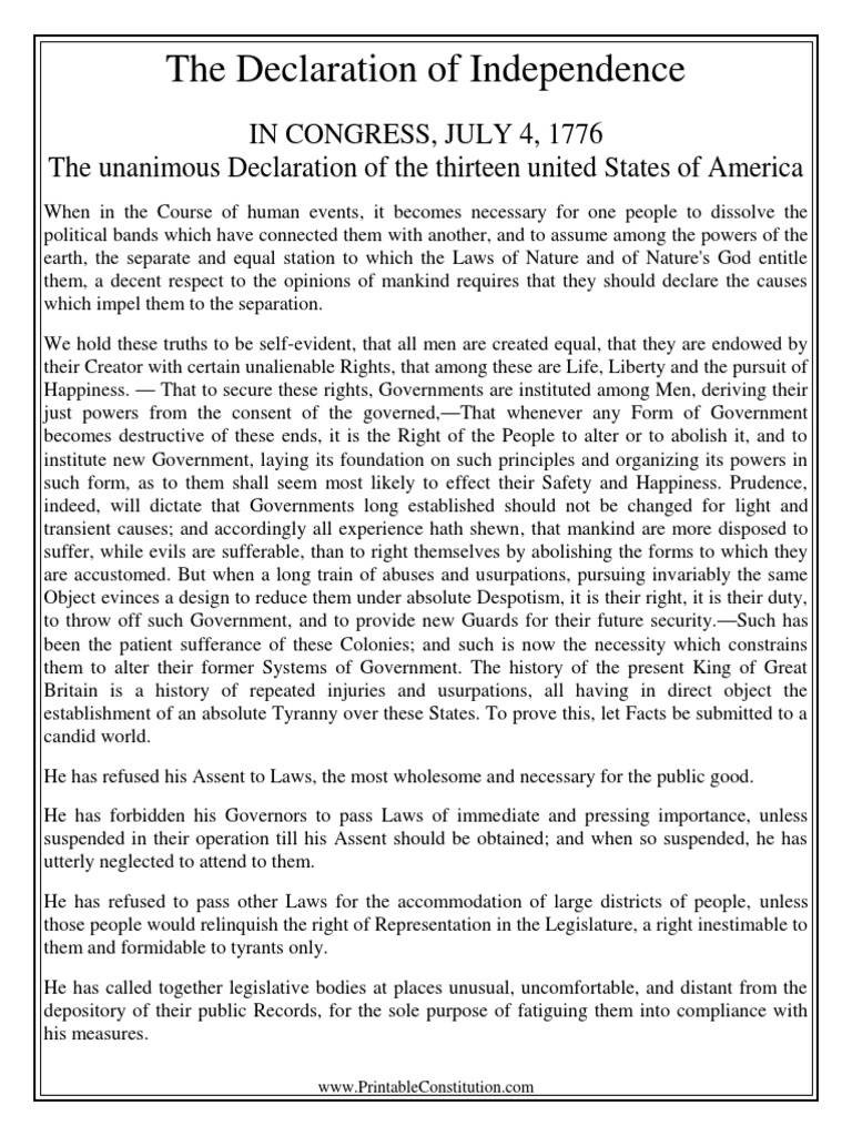 The Declaration of Independence Large Print | PDF | Natural And Legal ...