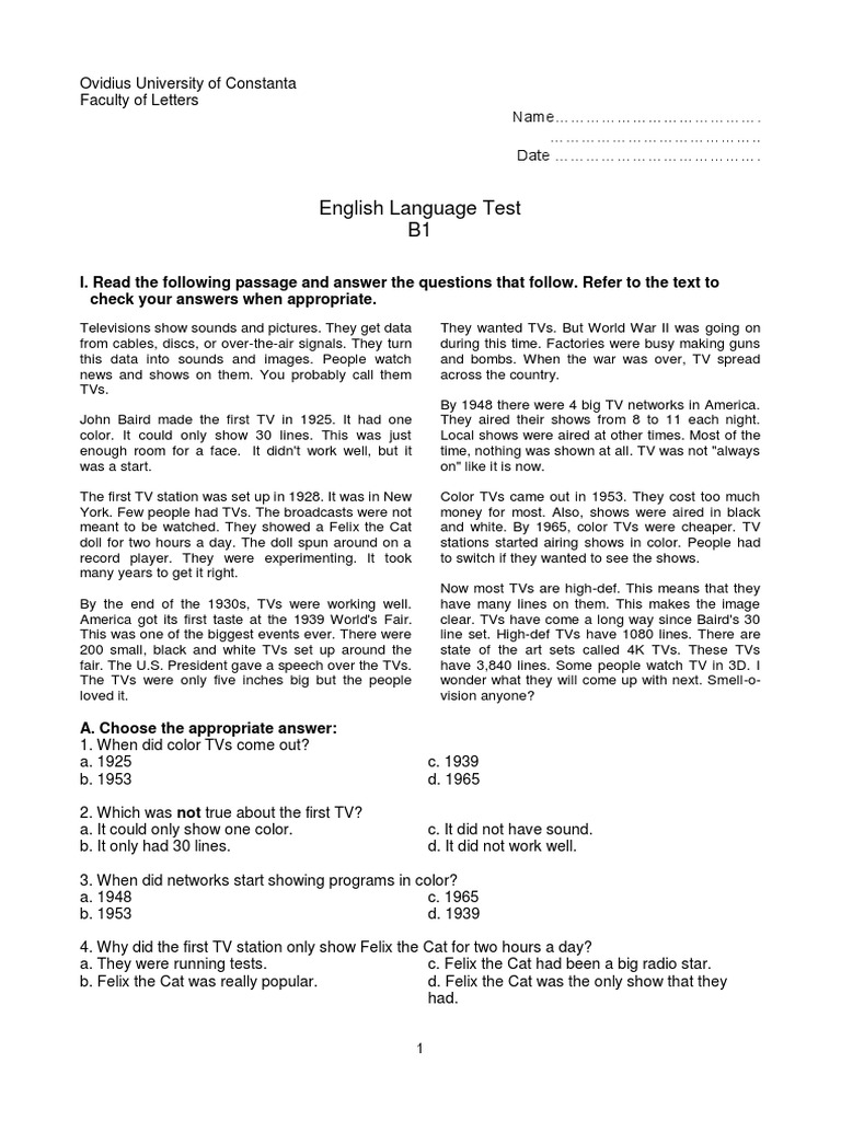 English Test B1 Model | PDF | Television | Broadcasting