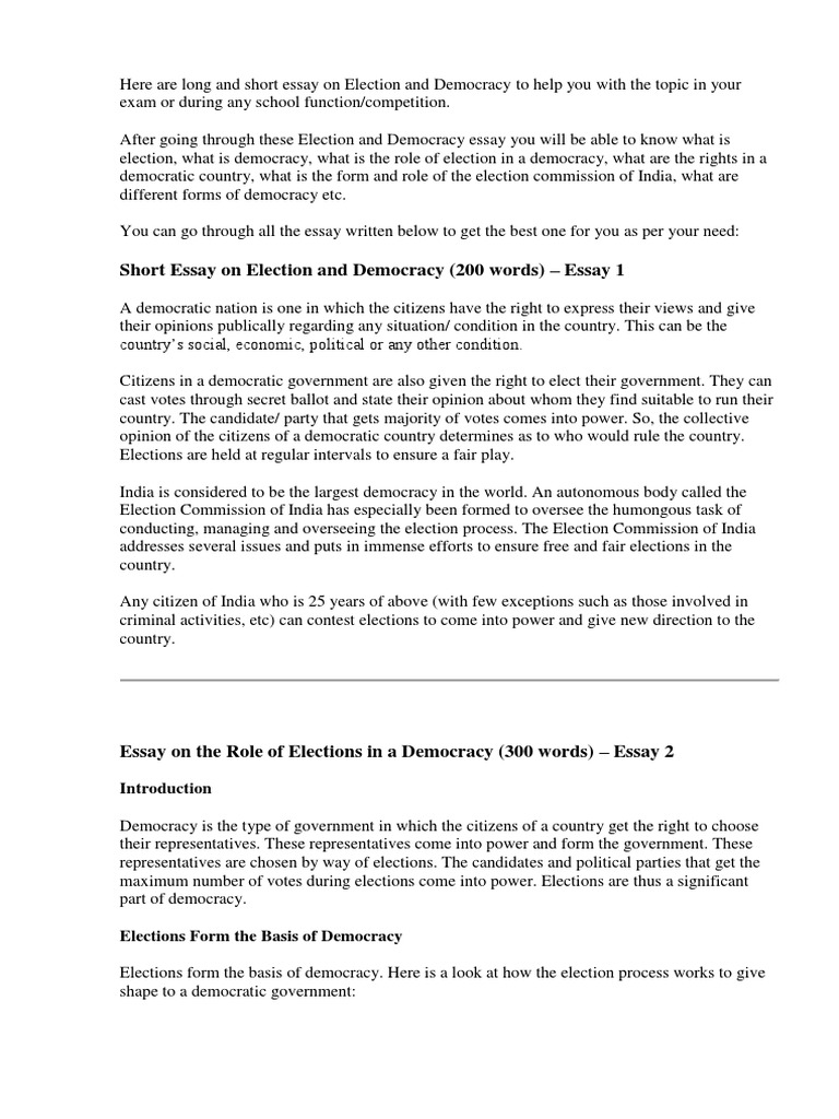 Short Essay On Election and Democracy (200 Words) - Essay 1 | PDF ...