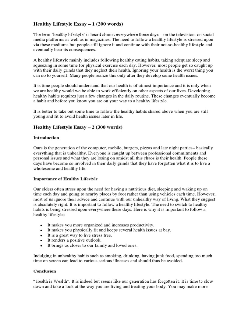 Healthy Lifestyle Essay - 1 (200 Words) | PDF | Obesity | Determinants ...