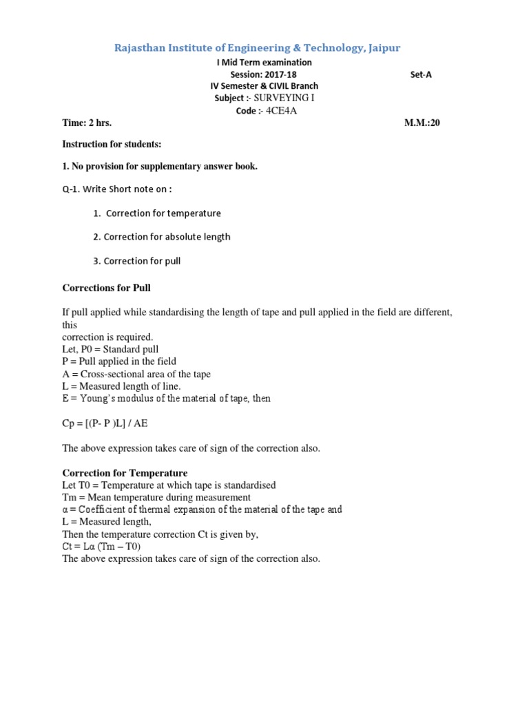 Survey Soln 1 Mid Term | PDF | Surveying | Measurement