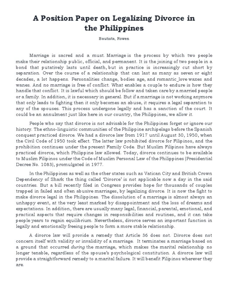 Position Paper On Legalizing Divorce | PDF | Divorce | Marriage