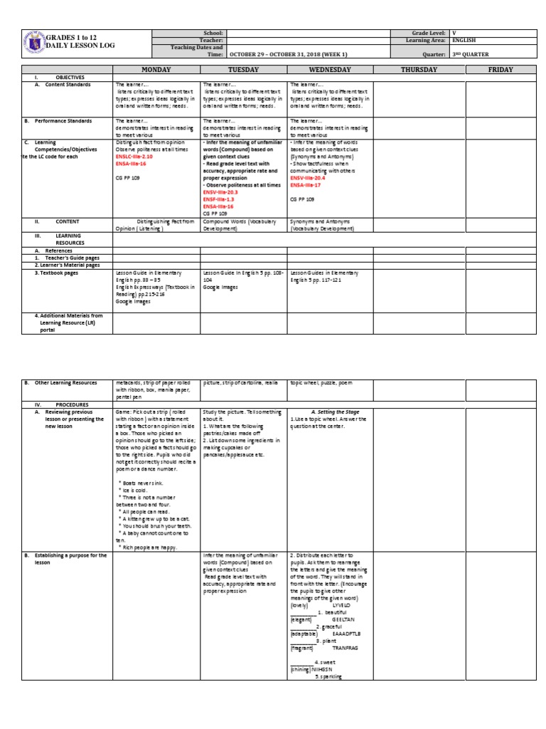 Daily Lesson Log: English Grade 5 | PDF | Vocabulary | Learning