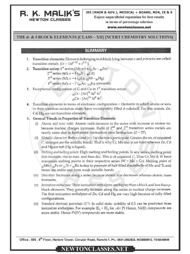 D and F Block Elements Notes | PDF