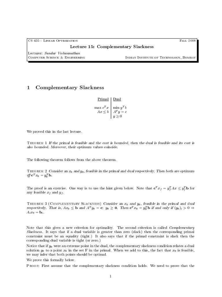 Lecture 15: Complementary Slackness | PDF | Linear Programming | Mathematics Of Computing