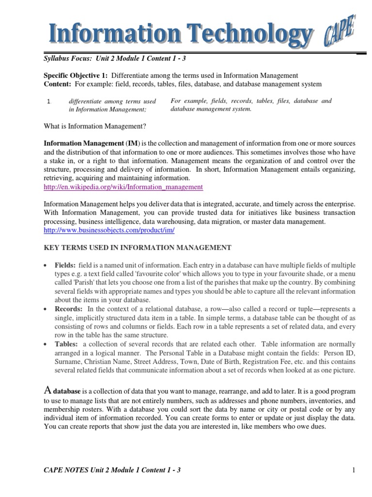 Cape Notes Unit 2 Module 1 Content 1 3 2 | PDF | Relational Model ...
