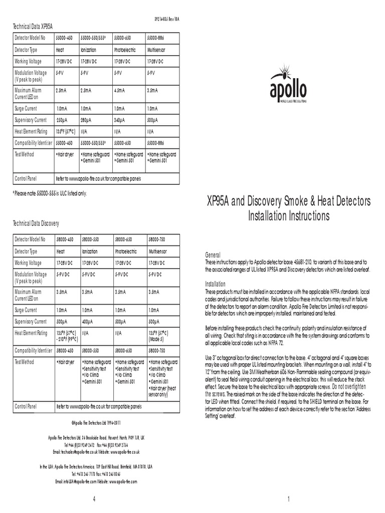 XP95A and Discovery Smoke & Heat Detectors Installation Instructions ...