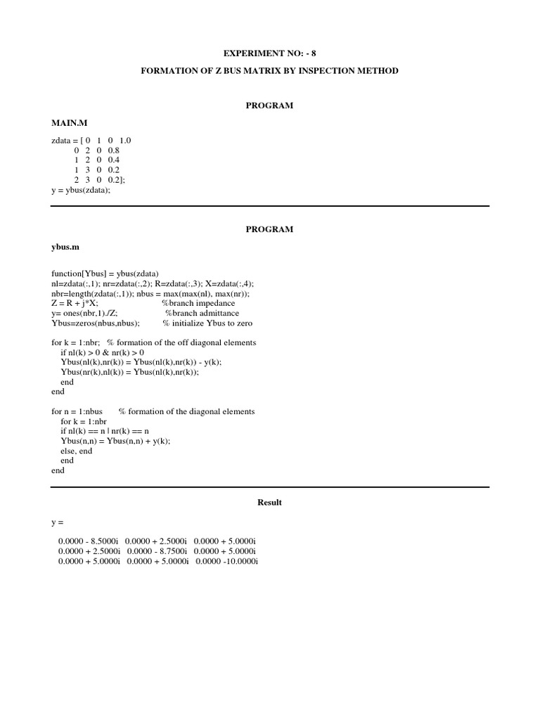 Experiment No: - 8 Formation of Z Bus Matrix by Inspection Method | PDF ...