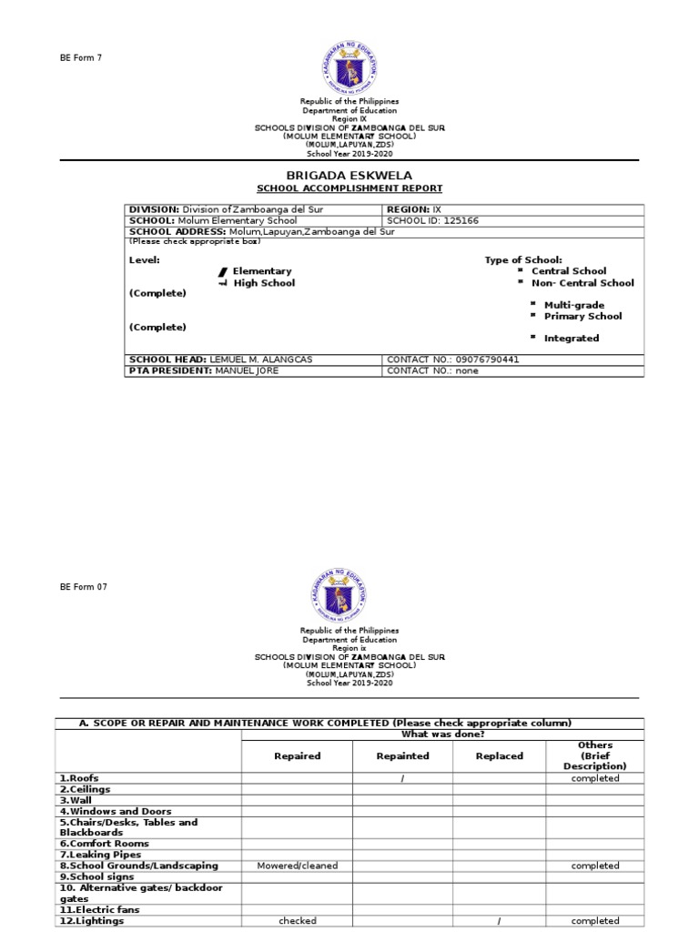 Be Form 7 - School Accomplishment Report | PDF | Nature