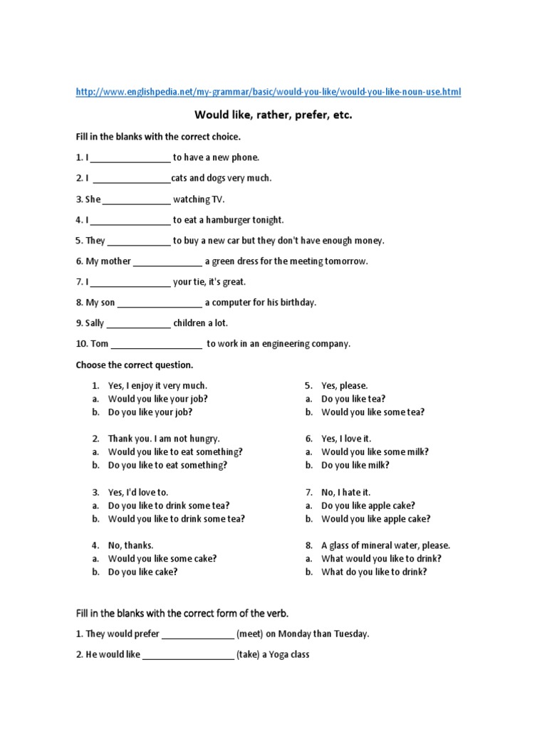 Like, Prefer and Rather Activity | PDF