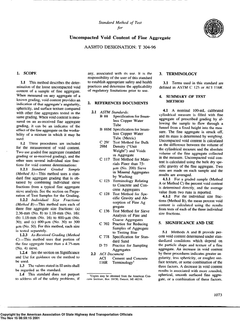 AASHTO T 304 - 96 (Find Aggregate Angularity) Uncompacted Void Content ...