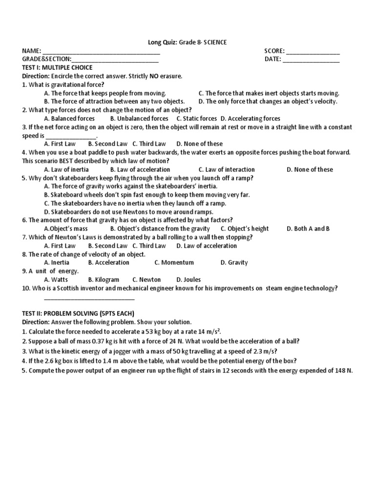 Long Quiz: Grade 8-SCIENCE | PDF | Newton's Laws Of Motion | Force