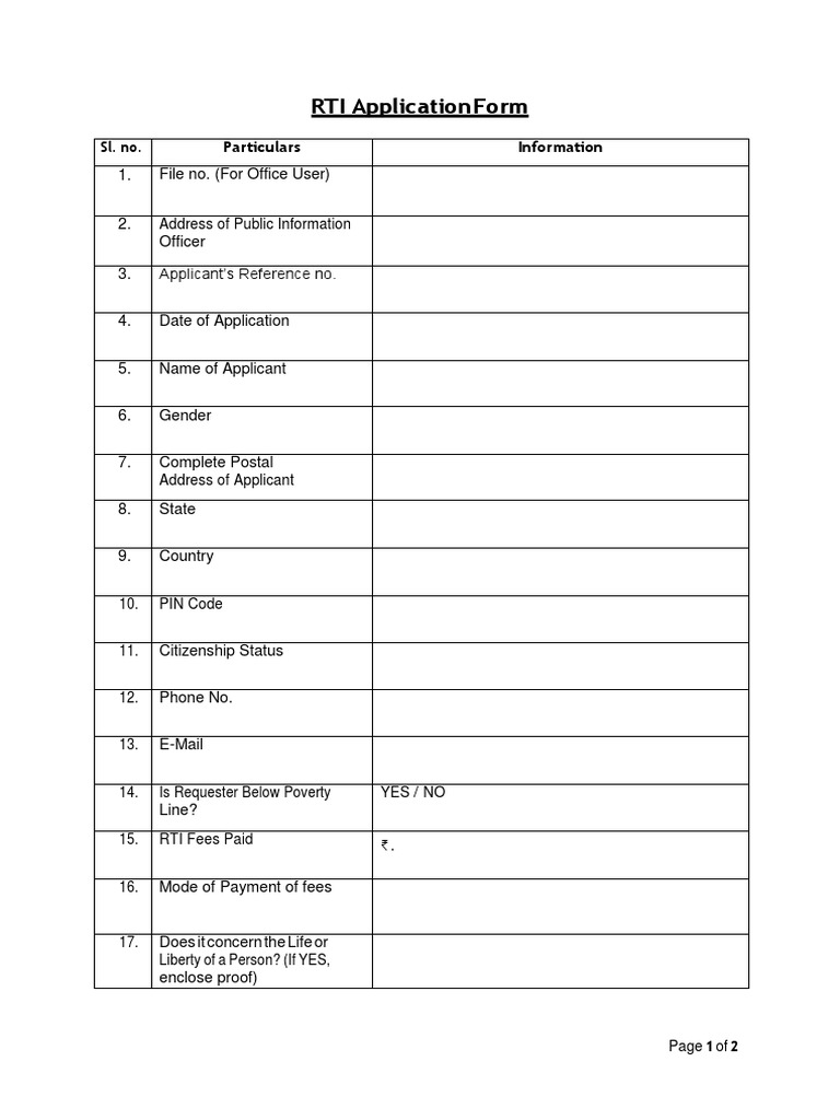 RTI Application Form: Sl. No. Particulars Information | PDF