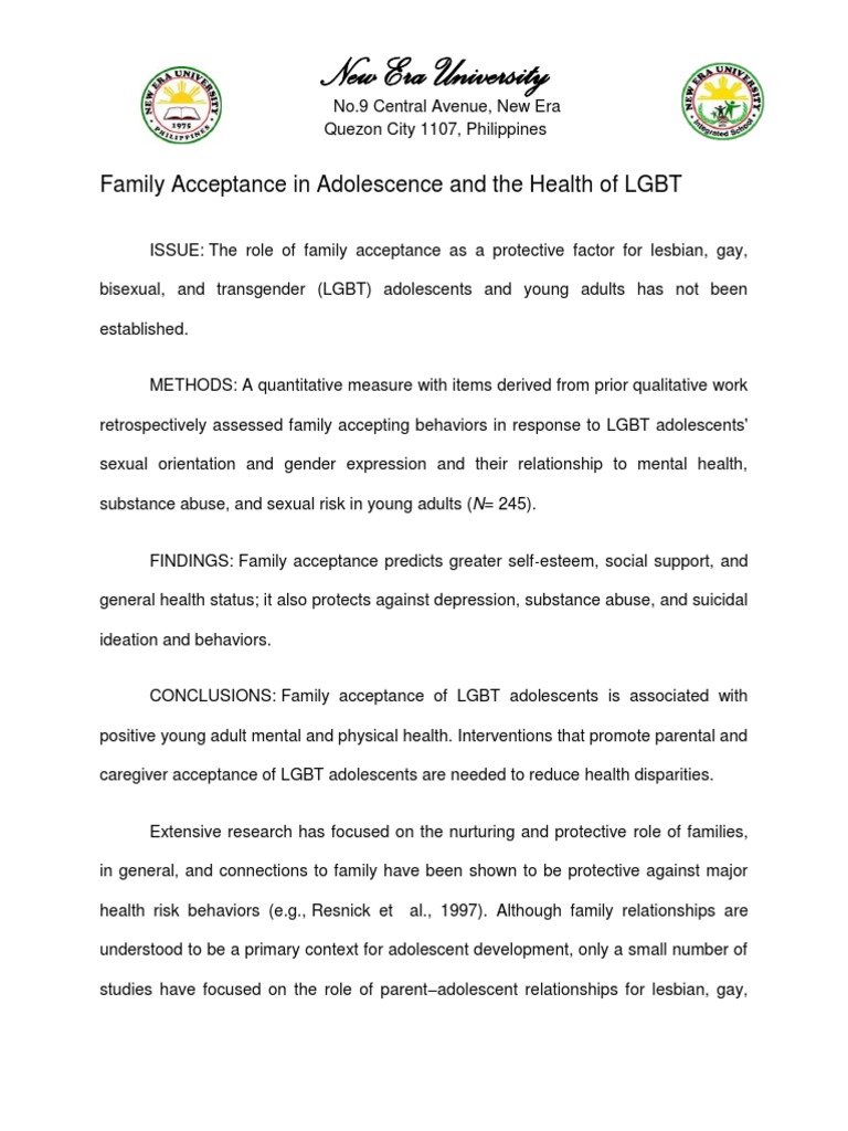 Family Acceptance in Adolescence and The Health of LGBT Young Adults ...