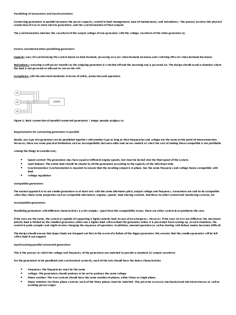 Synchronizing Parallel Connected Generators: Requirements, Process, and ...