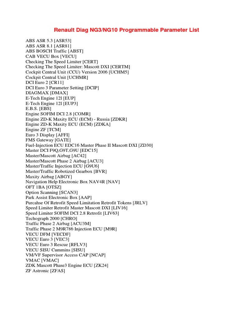 Diag NG10 Parameter List | PDF