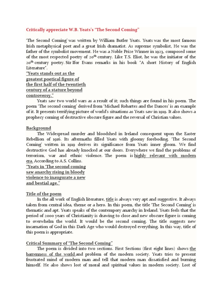 Analysis of The Second Coming | PDF | W. B. Yeats | English Literature