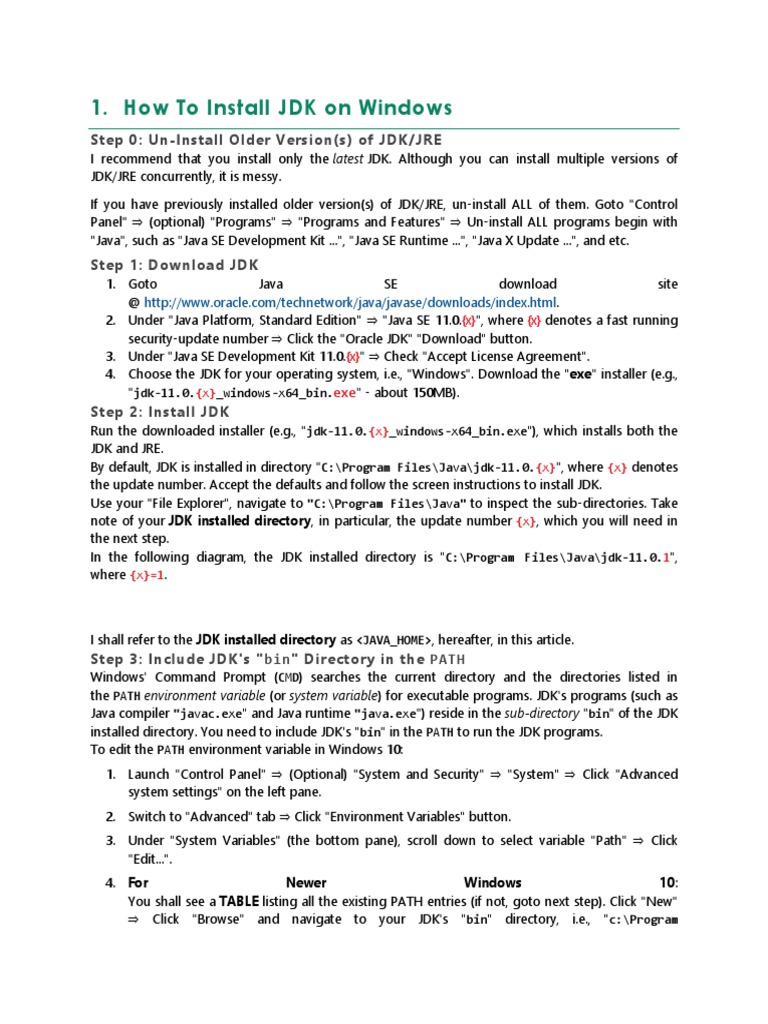 How To Install JDK On Windows: Step 0: Un-Install Older Version(s) of JDK/JRE | PDF | Java ...