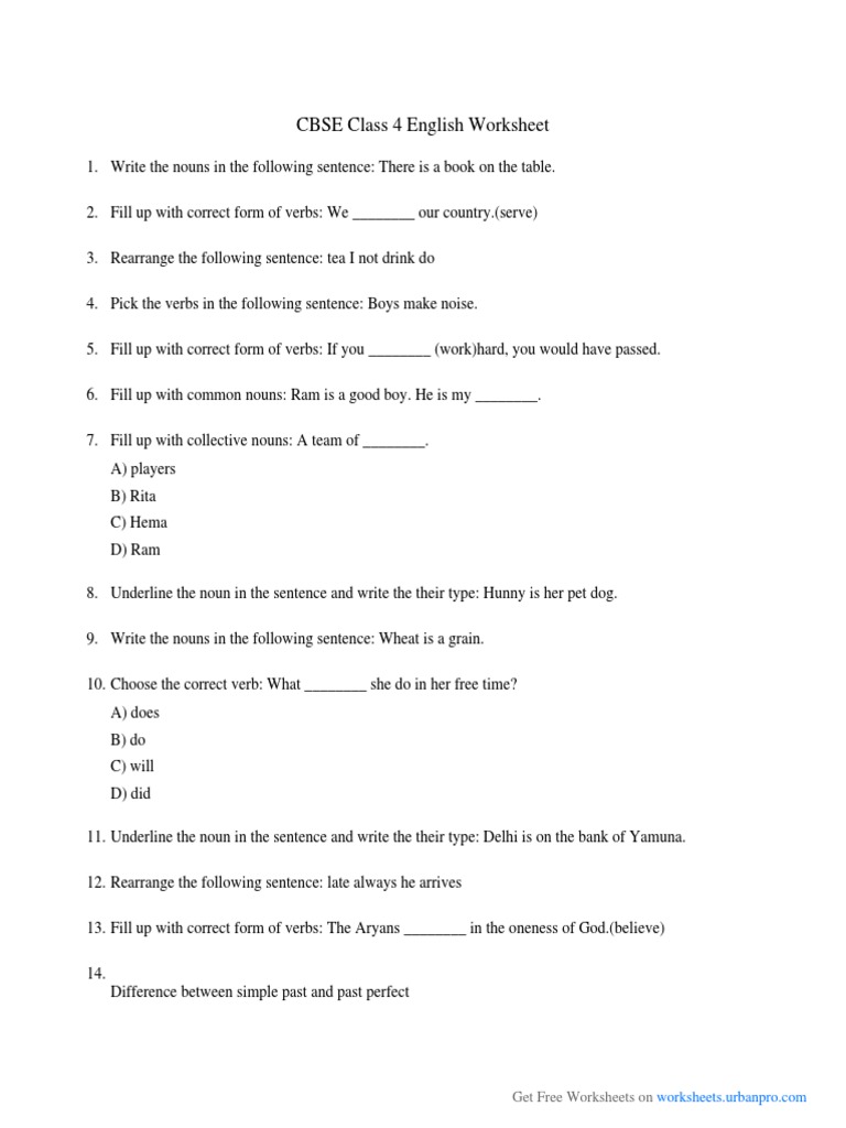 Class 4 English Verb Worksheet | PDF | Verb | Semiotics