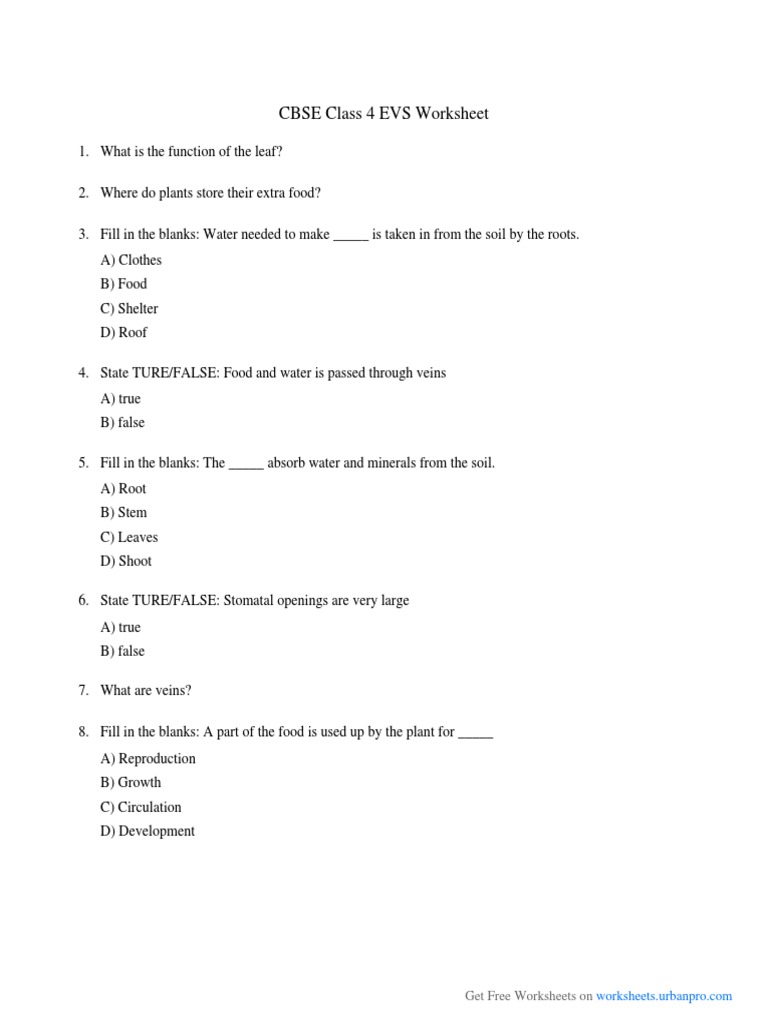 CBSE Class 4 EVS Worksheet Done | PDF | Leaf | Plants