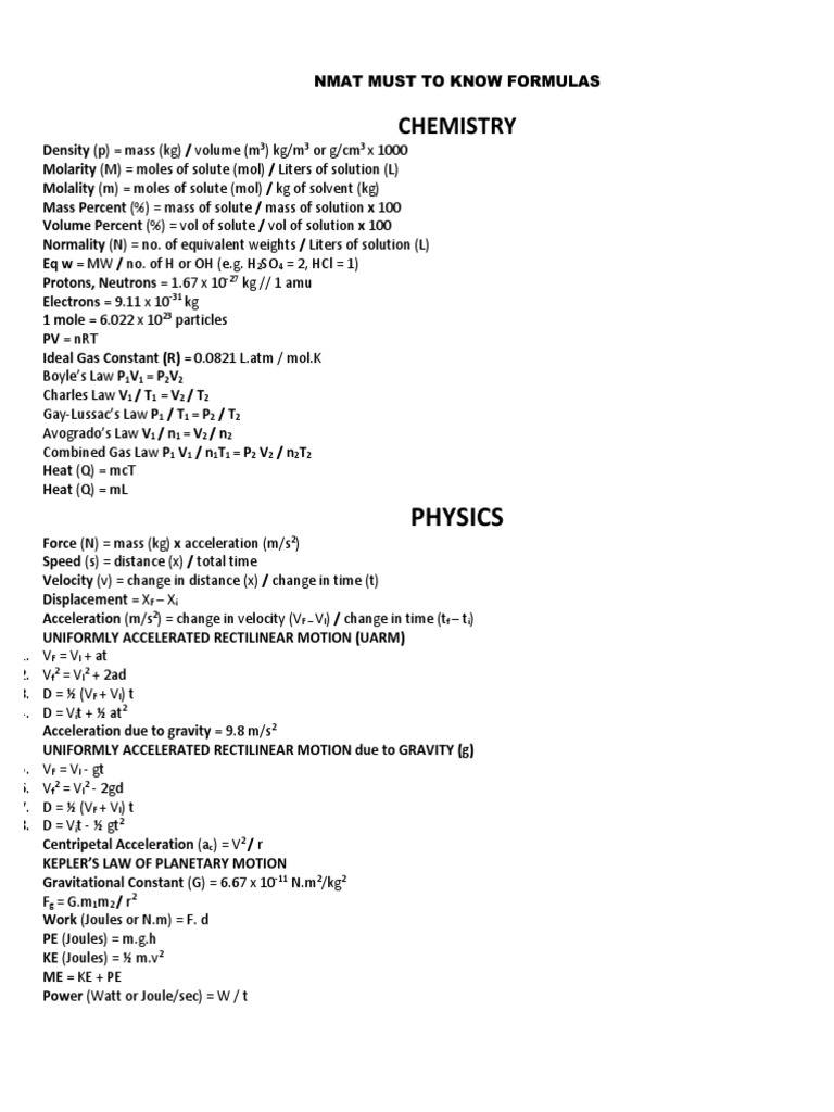 Must To Know Formulas (NMAT) | PDF | Mole (Unit) | Volt