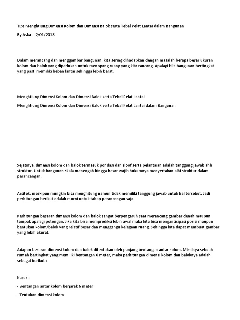 Tips Menghtiung Dimensi Kolom Dan Dimensi Balok Serta Tebal Pelat ...