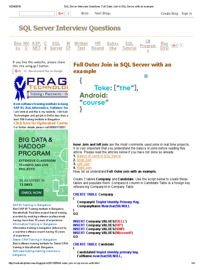 SQL Server Interview Questions - Full Outer Join in SQL Server With An ...