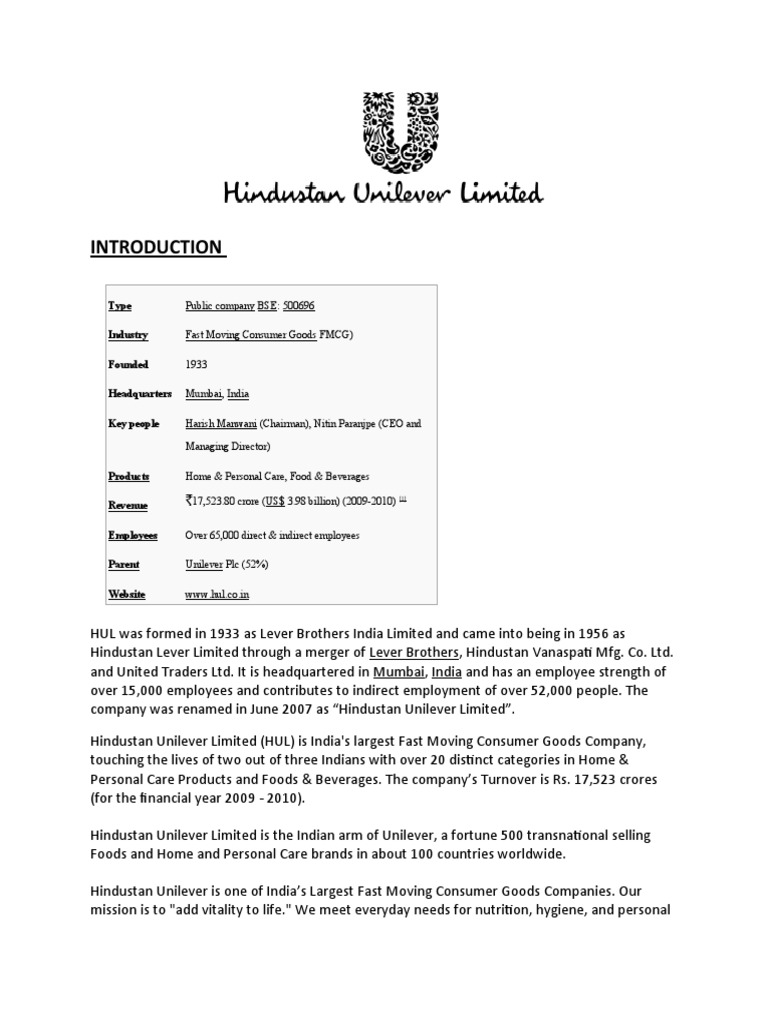 Introduction To HUL | PDF | Unilever | Corporations