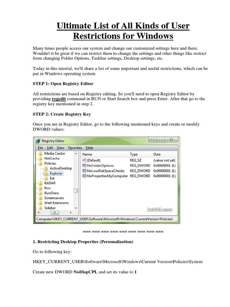 Ultimate List of All Kinds of User Restrictions For Windows | PDF ...