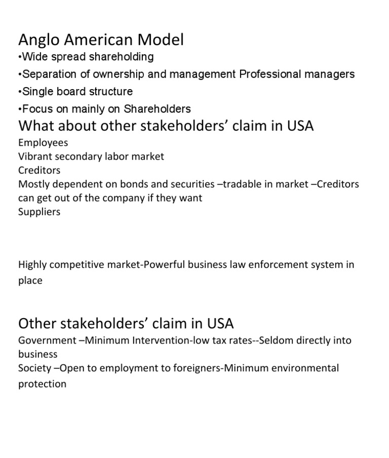Anglo American Model: What About Other Stakeholders' Claim in USA | PDF