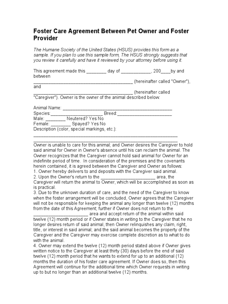 Foster Care Agreement | PDF | Neutering | Caregiver