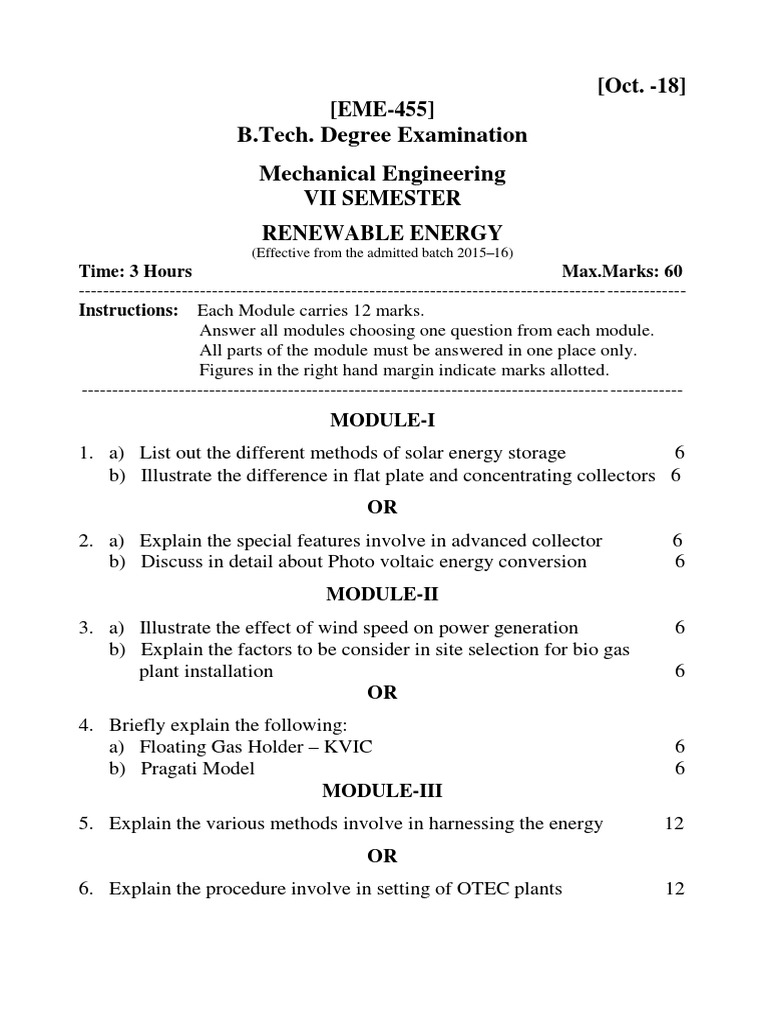 Renewable Energy: Exam Questions Covering Solar, Wind, Biogas, Ocean ...