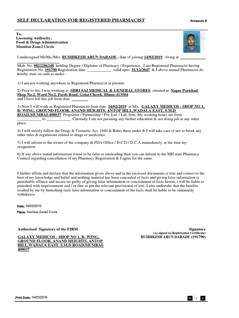 Self Declaration For Registered Pharmacist: Annexure B | PDF | Pharmacy ...