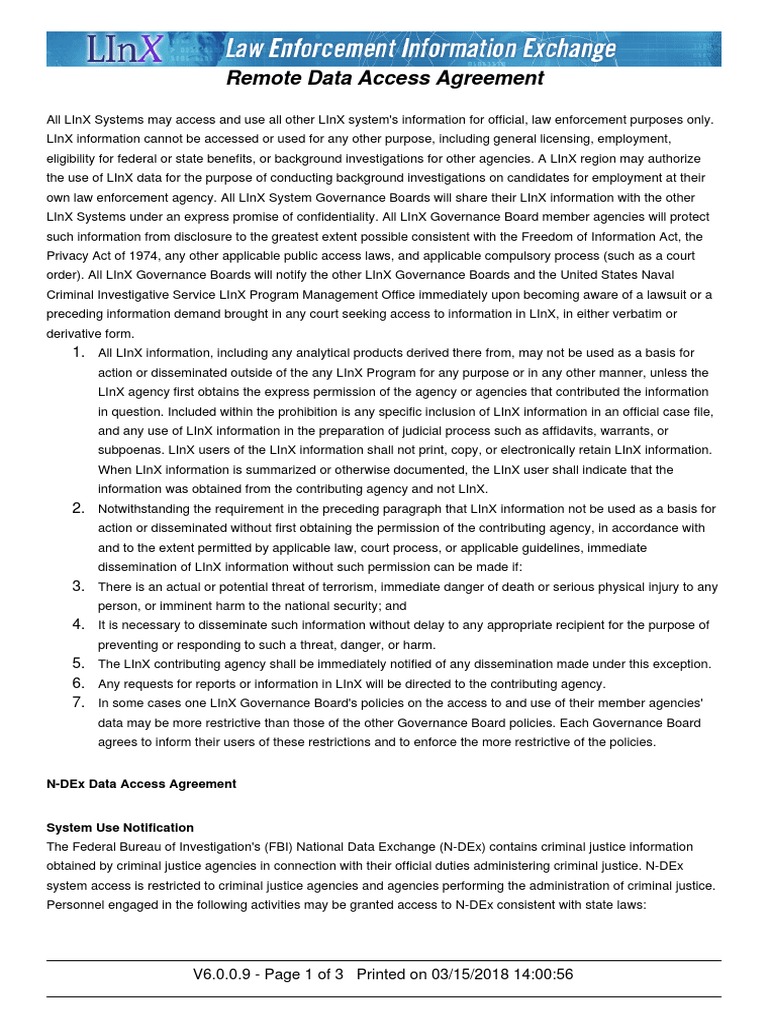 Agreement Establishes Strict Guidelines for Law Enforcement Access and Use of Inter-Agency ...