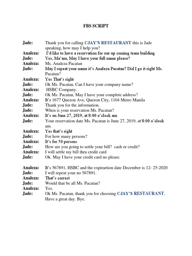 CJAY'S Restaurant Reservation | PDF