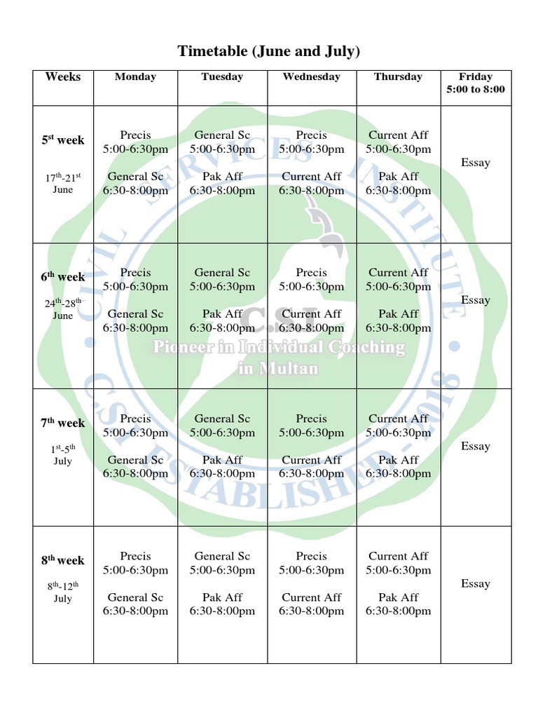 Timetable (June and July) : Weeks | PDF