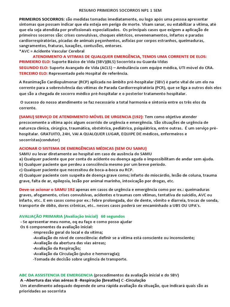 Resumo Primeiros Socorros Np1 1 Sem | PDF | Primeiros socorros | Dor