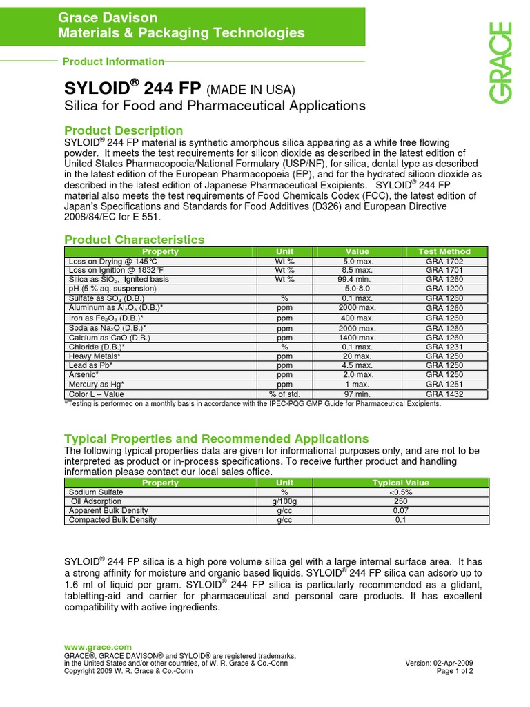 Syloid 244 FP Usa | PDF | Silicon Dioxide | Adsorption