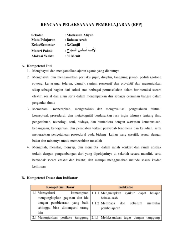 Contoh RPP Pelajaran Bahasa Arab | PDF