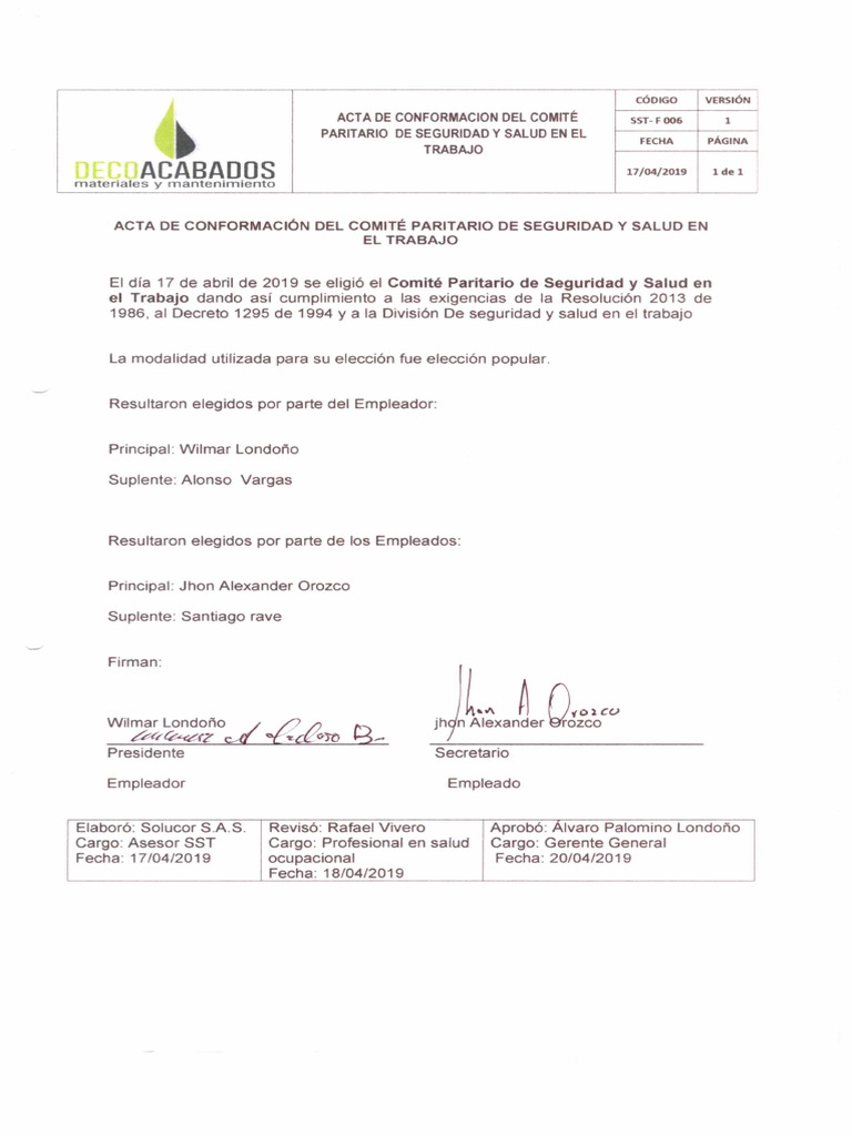Acta de Conformacion de Copasst y Cocolab Decoacabados | PDF