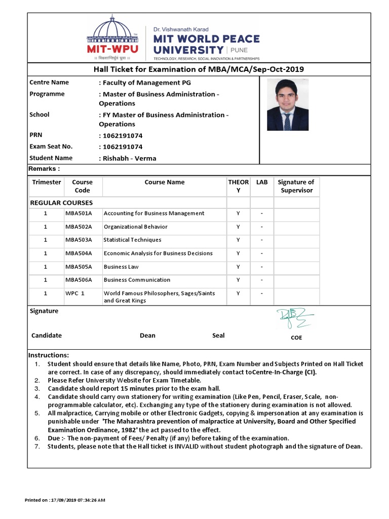 Admit Card MIT | PDF | Master Of Business Administration