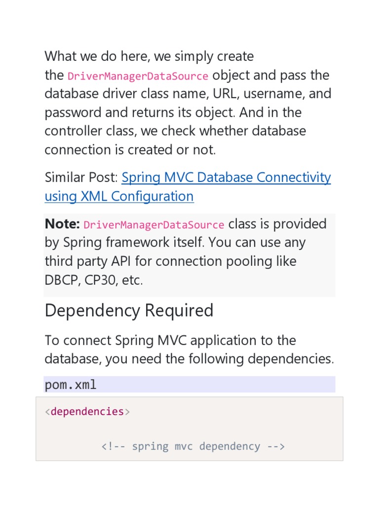 Dependency Required: Spring MVC Database Connectivity Using XML Configuration | PDF | Spring ...