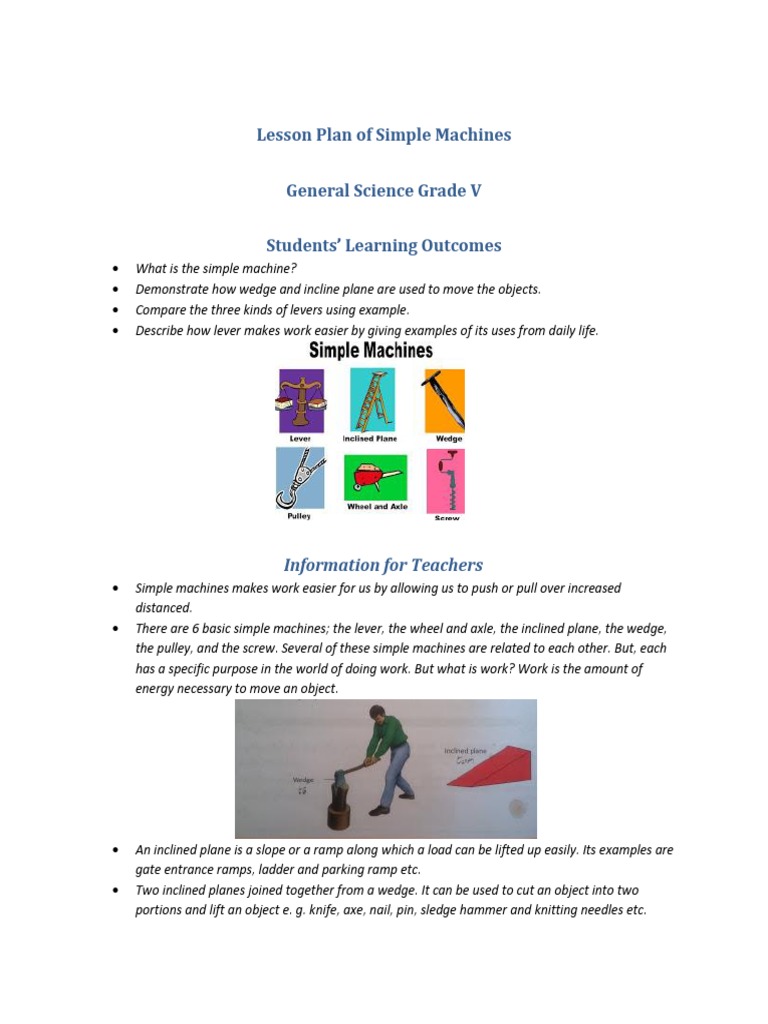 Lesson Plan Of Simple Machines General Science Grade V Grade 2